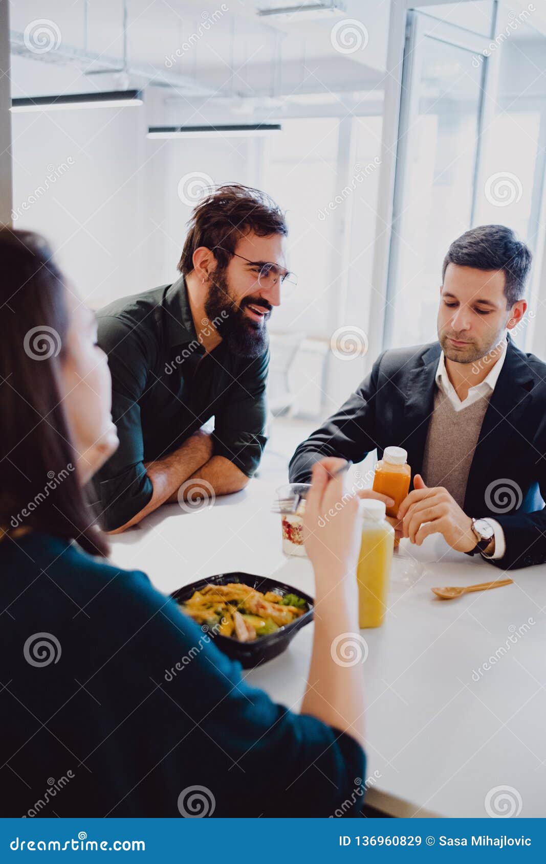 Man Smiling in the Office Cafeteria while Colleagues Eating Stock Image ...