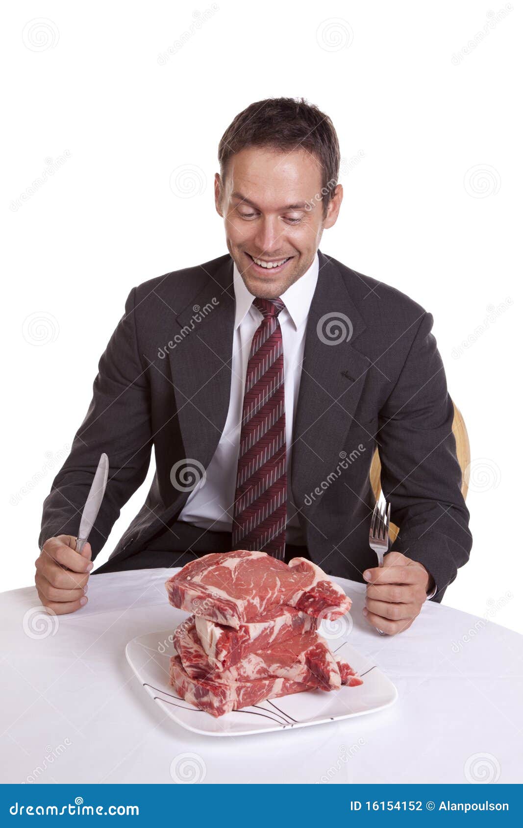 Man Smiling at Pile of Steaks Stock Photo - Image of large, grilled ...