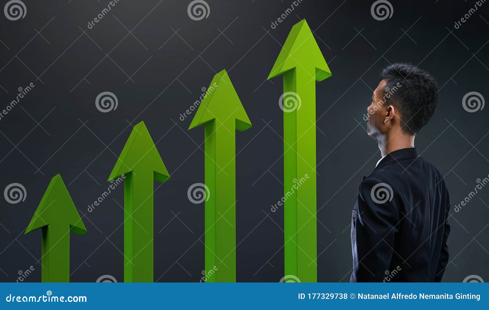 Man Smiling Seeing Increasing Outcome. 3D Green Arrow Up Stock Photo ...