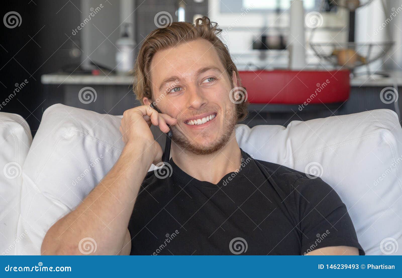 Man Smiling while Talking on Cell Phone Stock Image - Image of ...