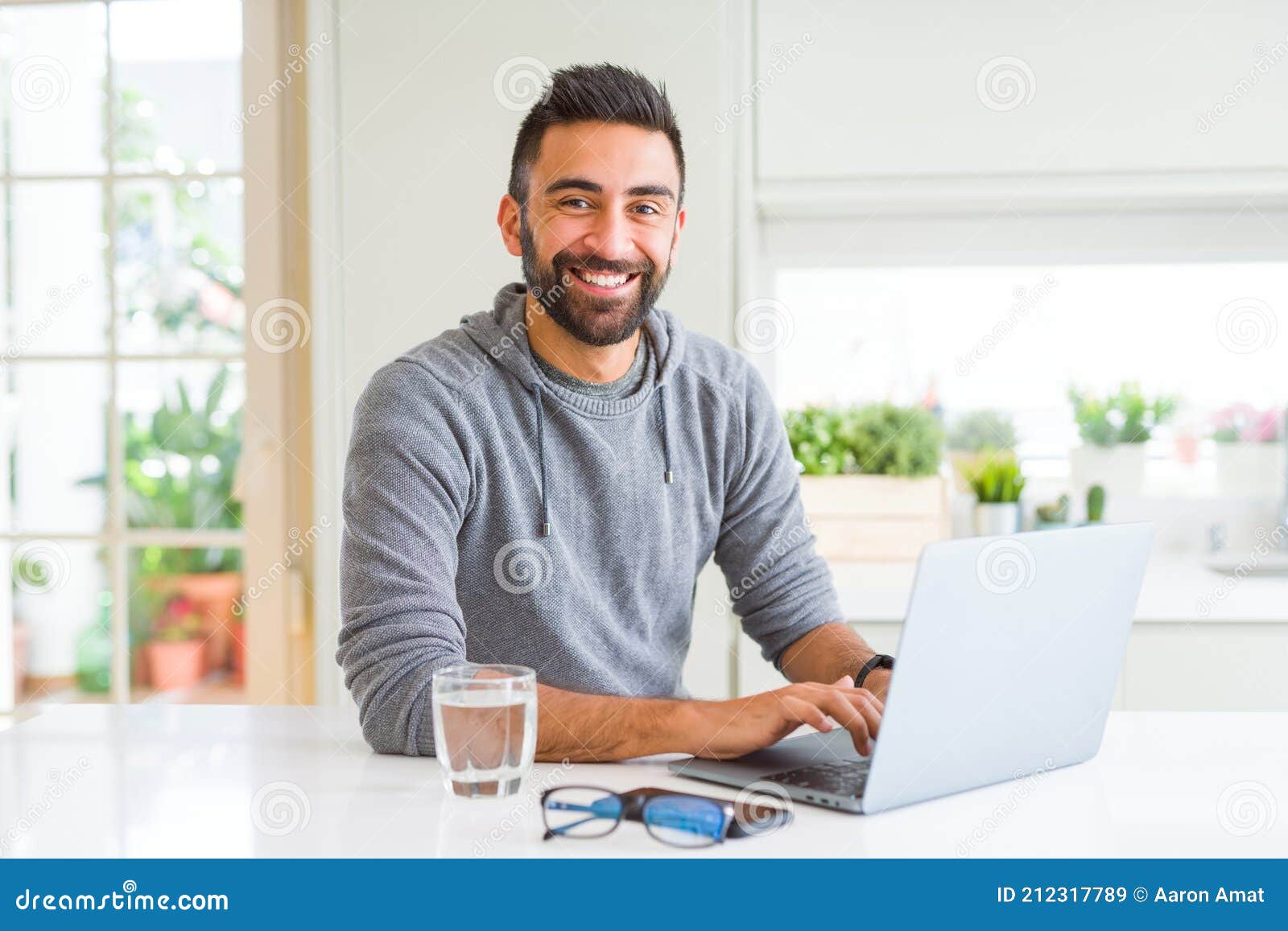 Man Smiling Working Using Computer Laptop Stock Image - Image of person ...