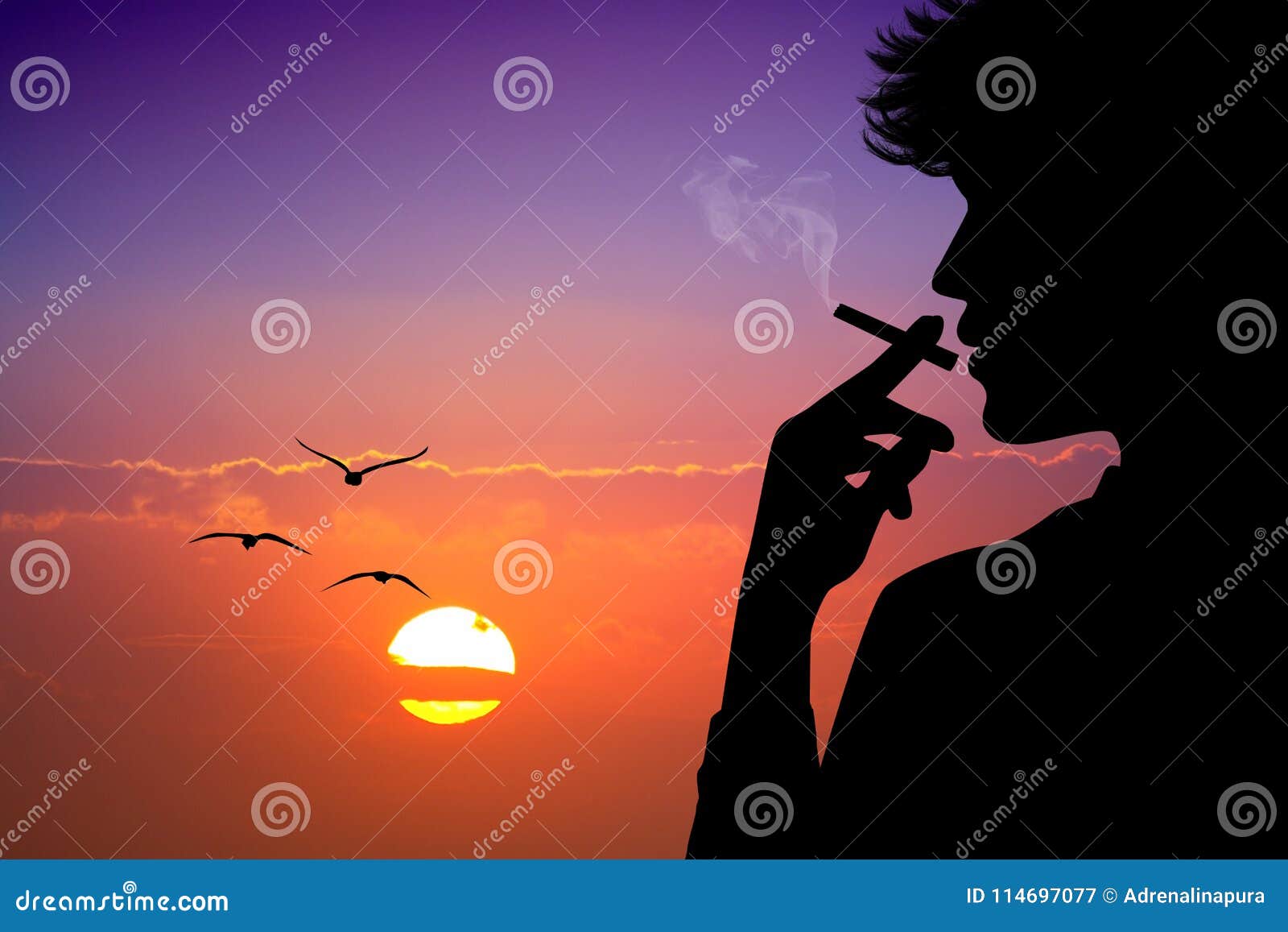 Man smokes at sunset stock illustration. Illustration of addictive ...