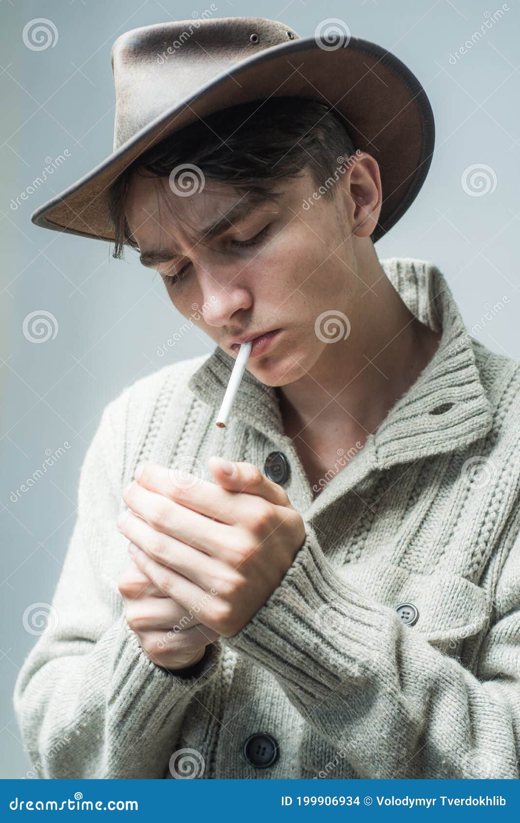 Man Smoking Cigar. Handsome Man Wear Cowboy Hat. Stock Photo - Image of ...