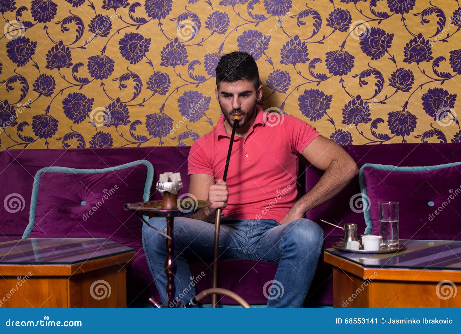 Man Smoking Shisha In The Arabic Cafe Stock Image Image Of Coffee
