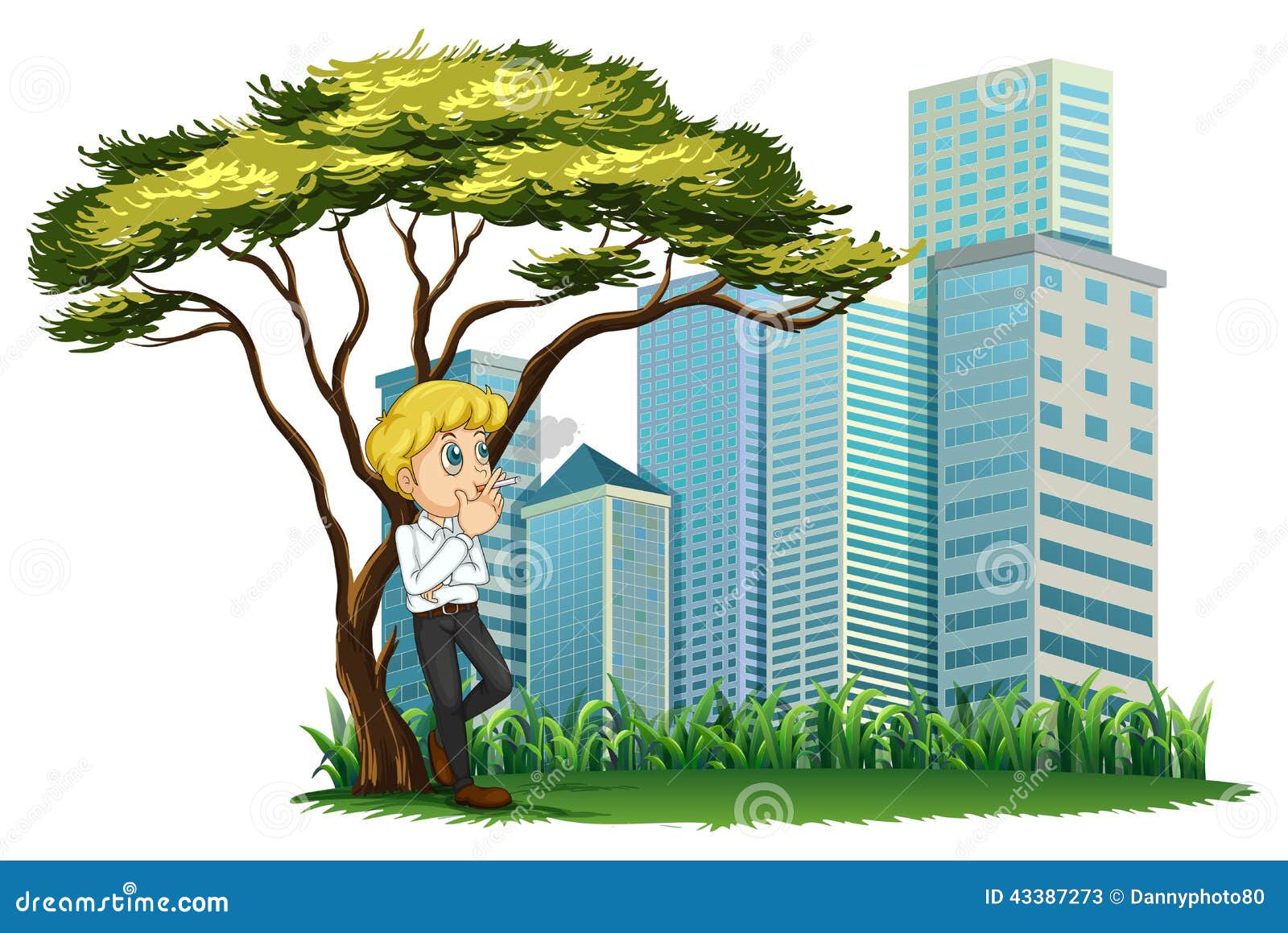 A Man Smoking Under the Tree Across the Buildings Stock Vector ...