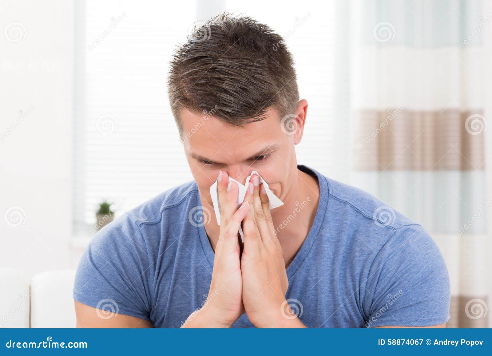 Man Sneezing in Tissue Paper Stock Image - Image of casual ...