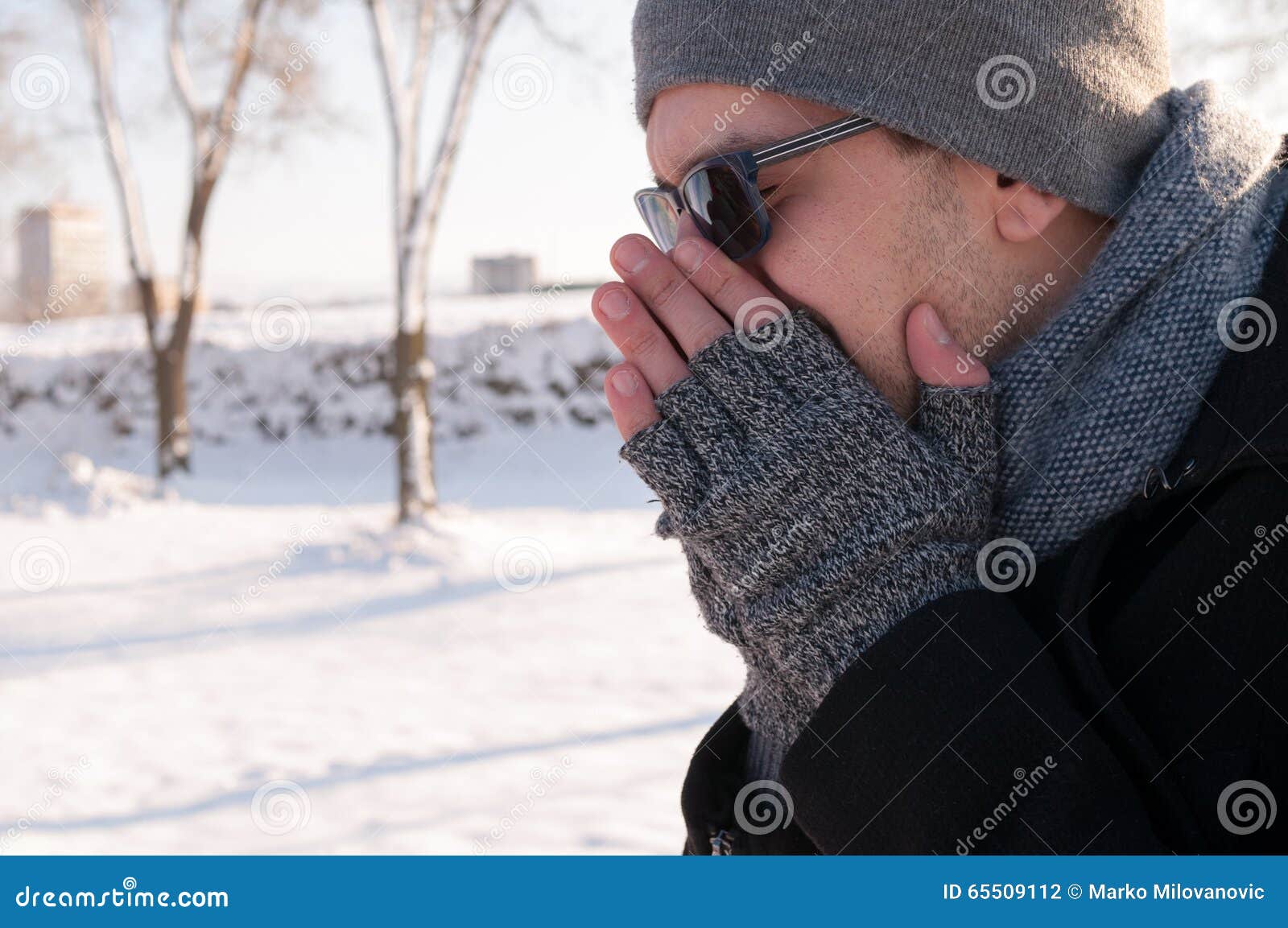 Man sneezing in winter stock photo. Image of handkerchief - 65509112