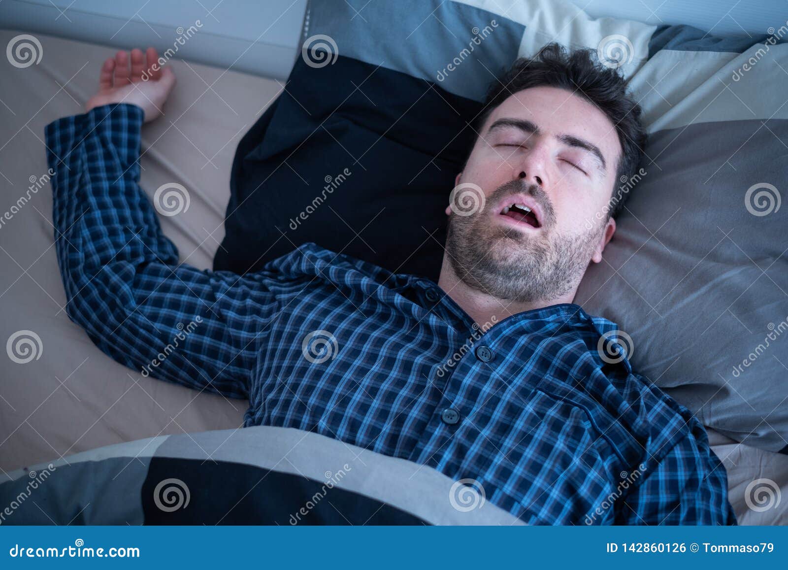 Man with Snoring Problem Sleeping in Bed Stock Photo - Image of loud ...