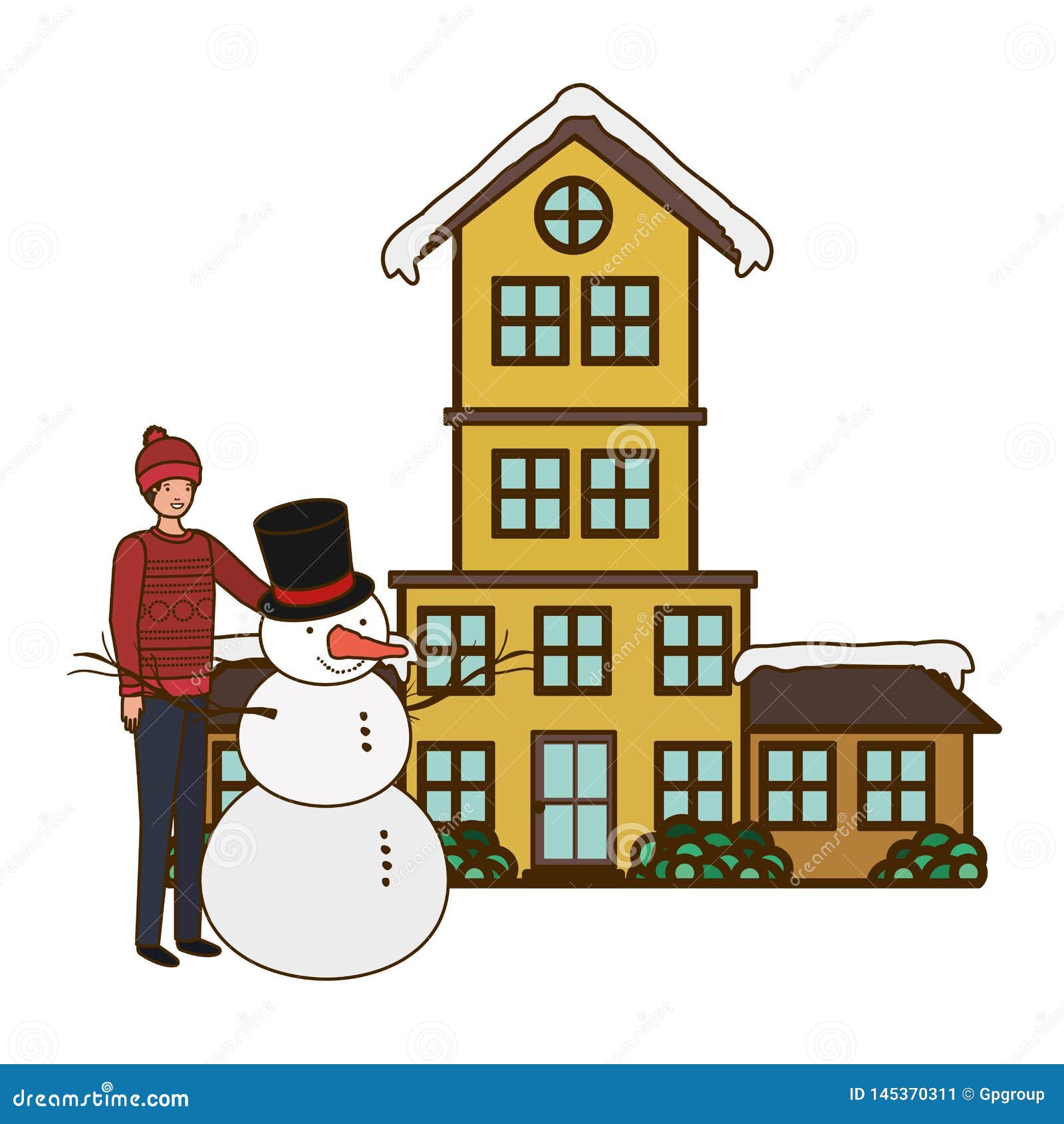 Man with Snowman Outside of the House Stock Vector - Illustration of ...