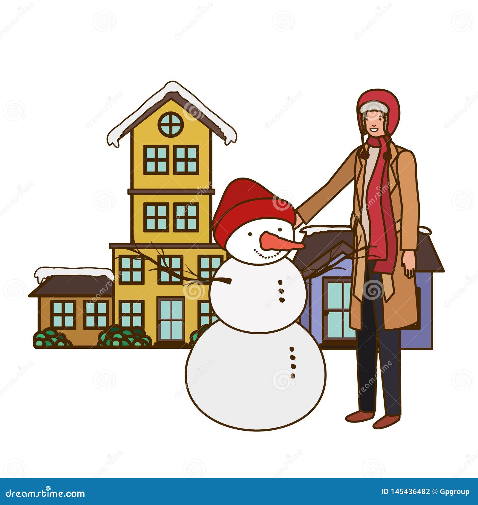 Man with Snowman Outside of the House Stock Vector - Illustration of ...