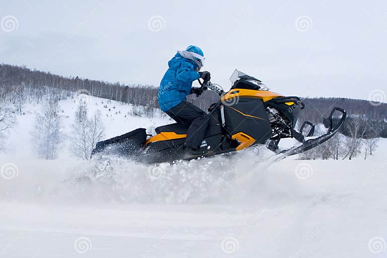 Man on Snowmobile in Winter Mountain Stock Photo - Image of machine ...