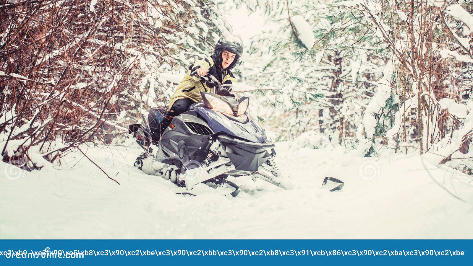 Man on Snowmobile in Winter Mountain. Snowmobile Driving. Man Driving ...