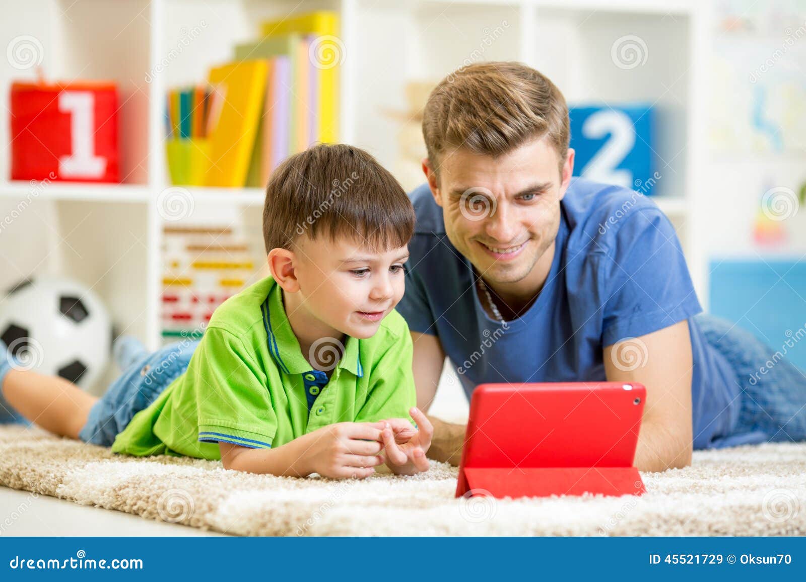 Man and Son Kid Playing with Tablet Computer Stock Image - Image of ...