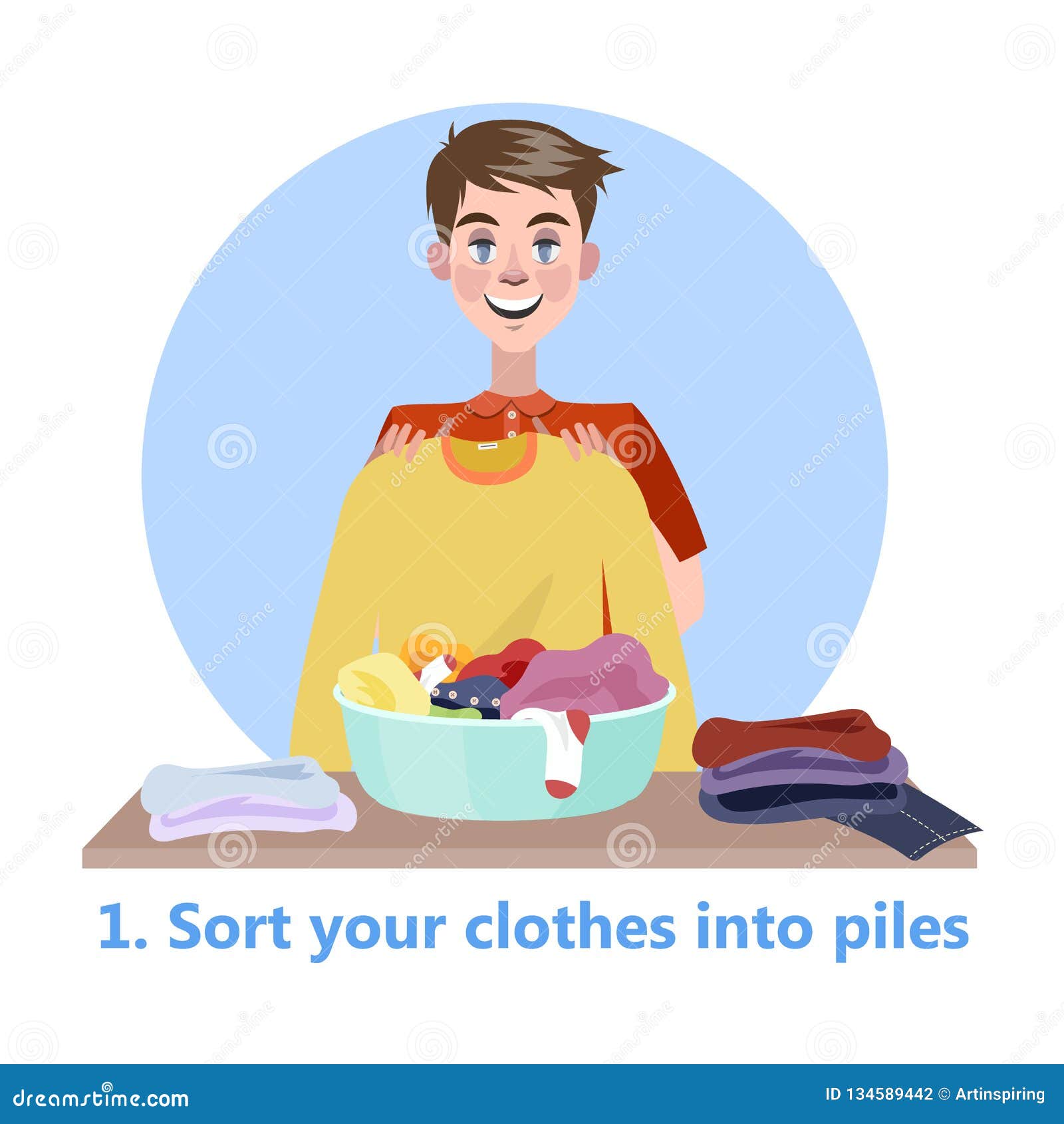 Man Sort Clothes in Pile of Different Color Stock Vector - Illustration ...
