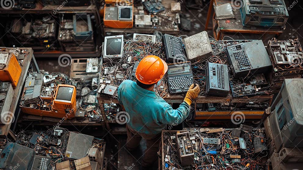 Man Sorting Electronic Waste in Recycling Facility Surrounded by Old ...