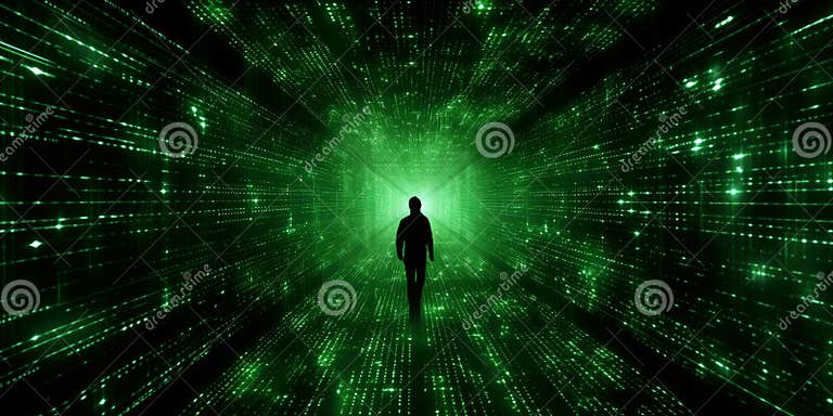 Man in the Space of the Matrix. Perspective of a Green 3D Abstract ...