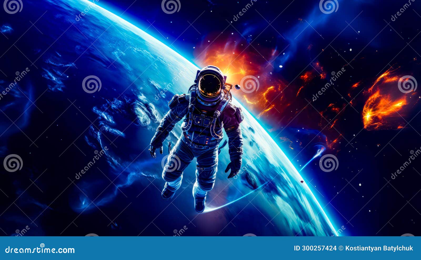 Man in Space Suit Floating in Front of Blue Planet with Star in the ...