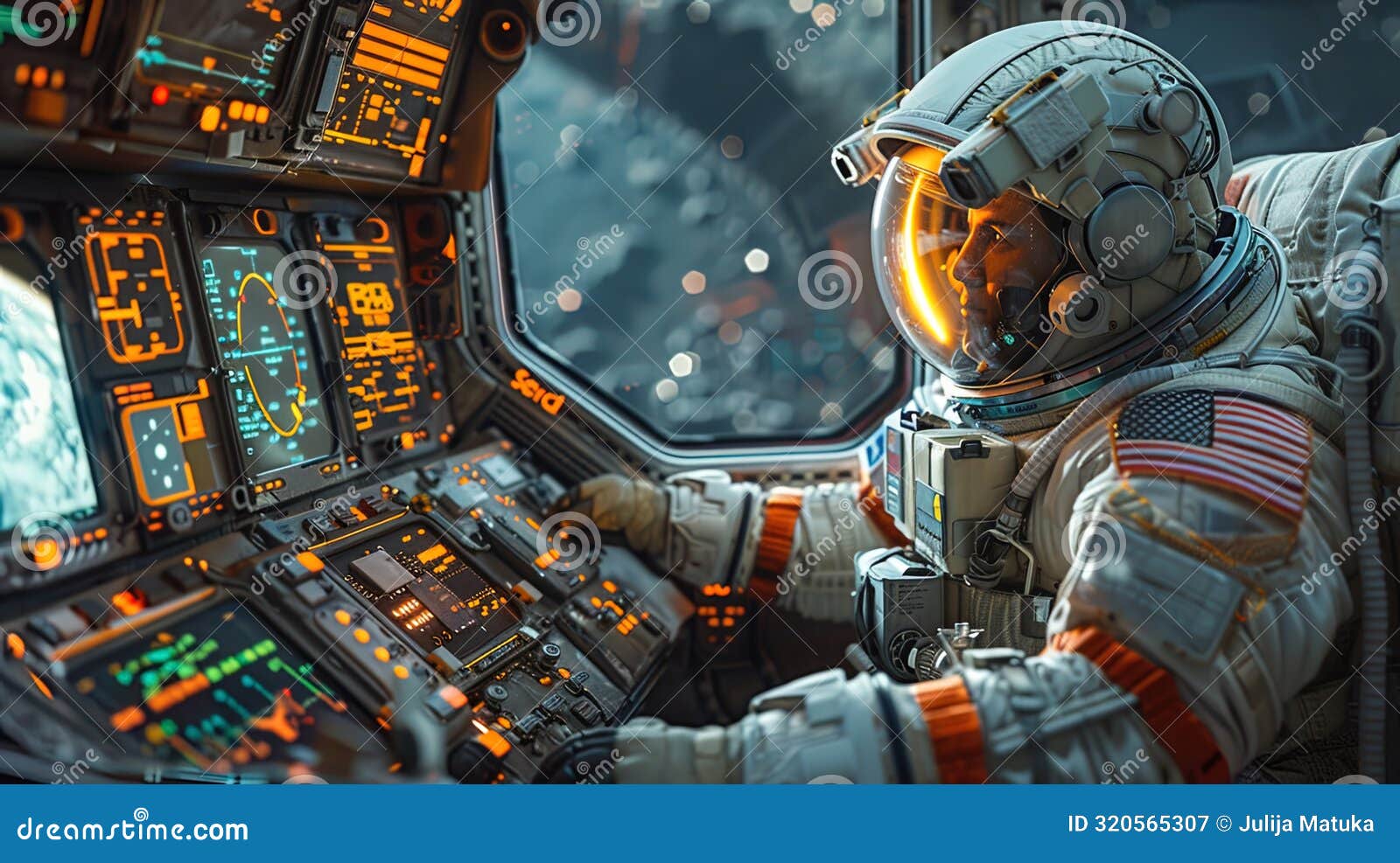 A Man in a Space Suit is Piloting a Spaceship with a Large Screen in ...