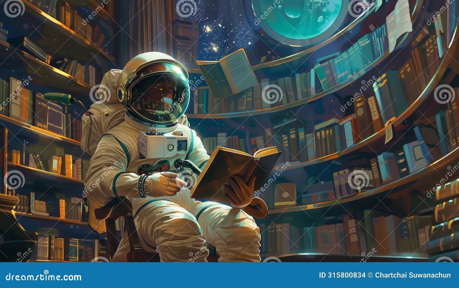 A Man in a Space Suit is Reading a Book in a Library by AI Generated ...