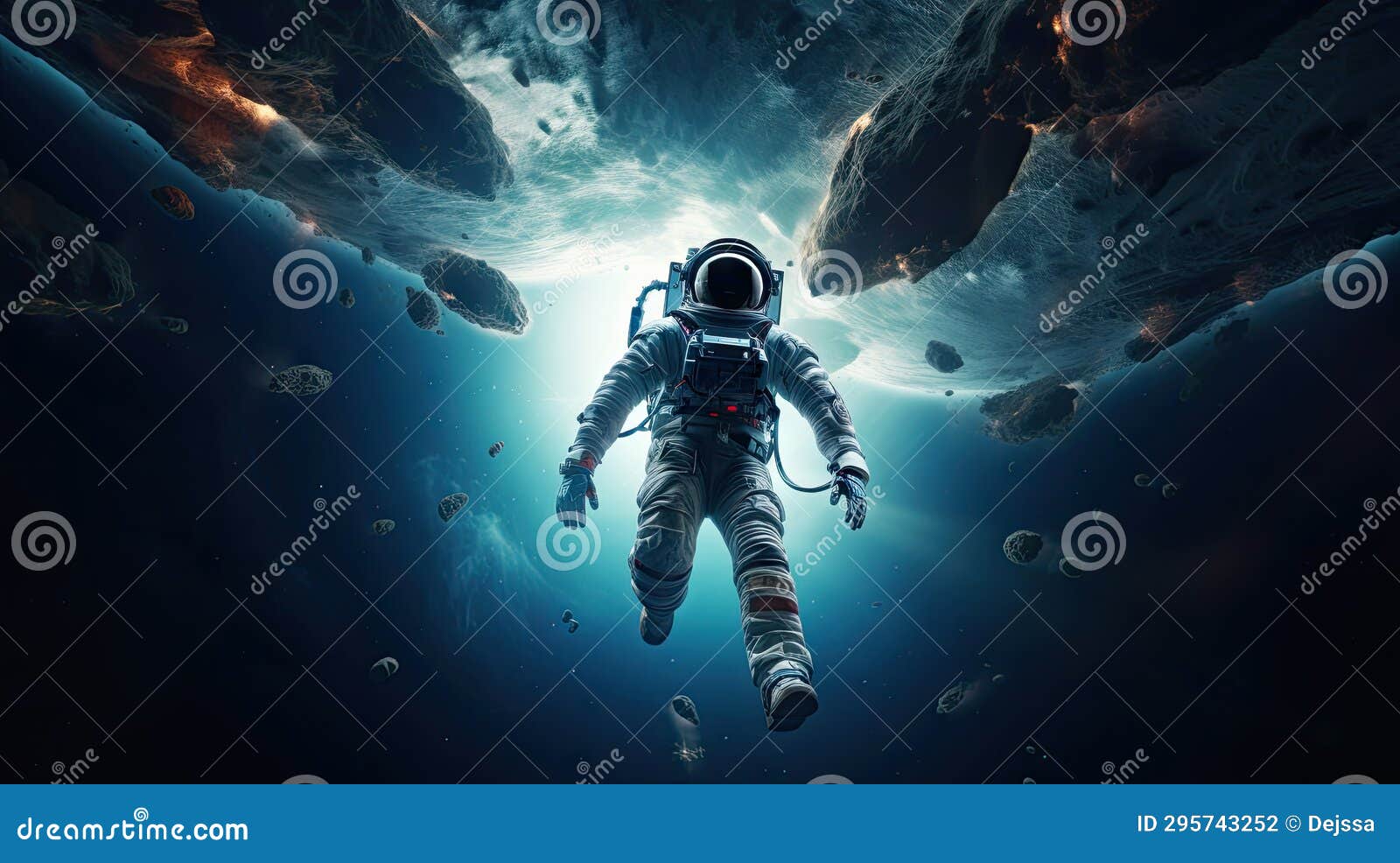A Man in a Space Suit with Rocks and Debris Floating Around Him Stock ...