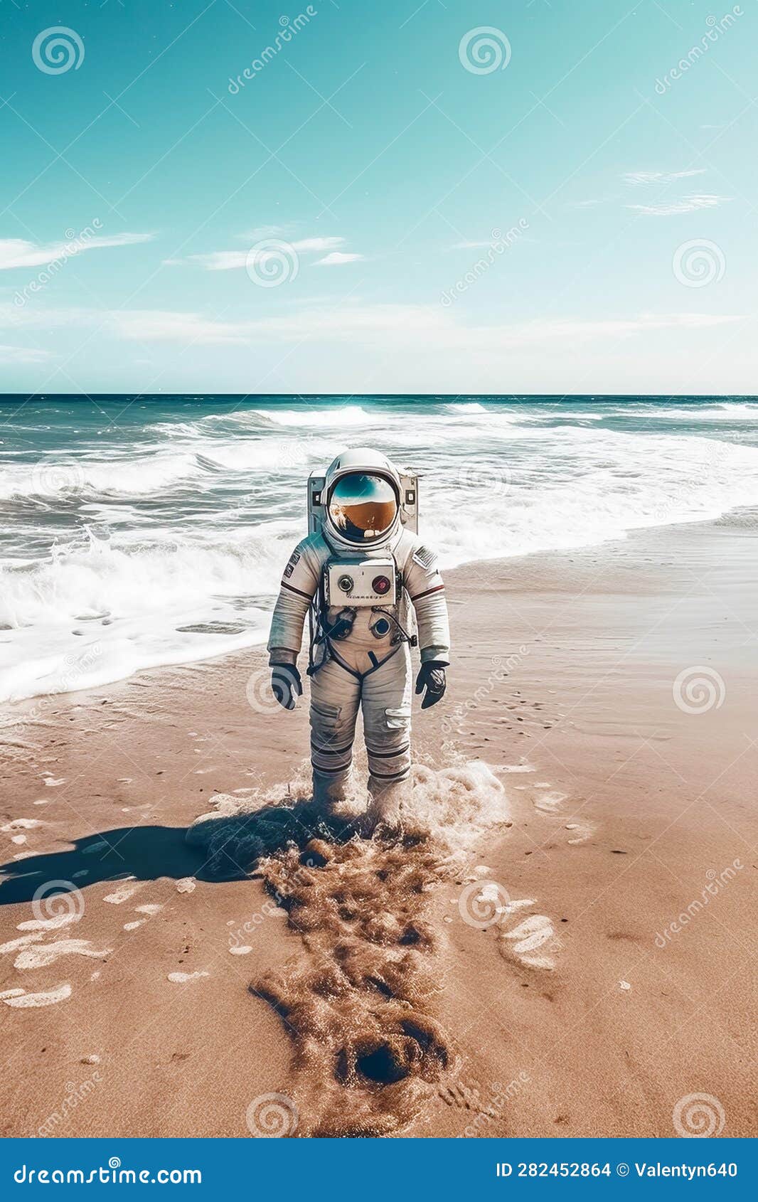 Man in Space Suit Standing on Beach Next To the Ocean. Generative AI ...