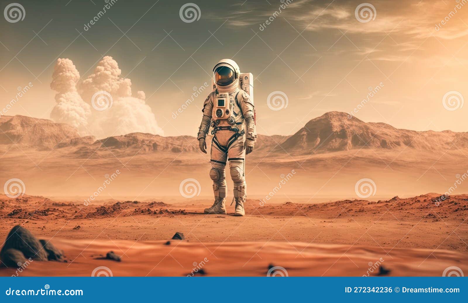 A Man in a Space Suit Standing on a Desert Plain Stock Illustration ...