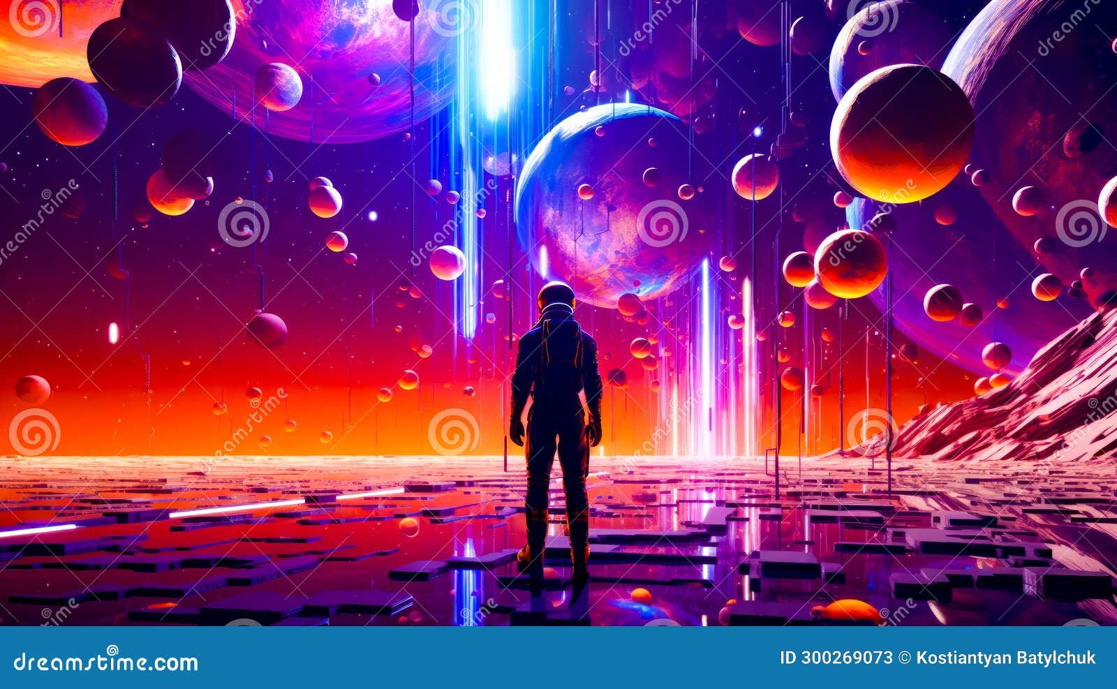 Man in Space Suit Standing in Front of Background of Planets ...