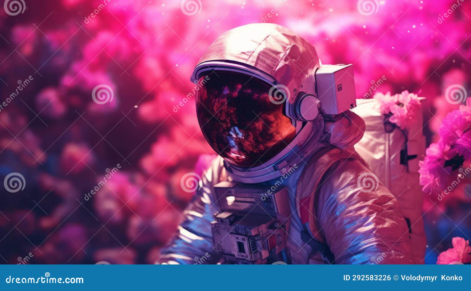 A Man in a Space Suit Standing in Front of Pink Flowers Stock ...