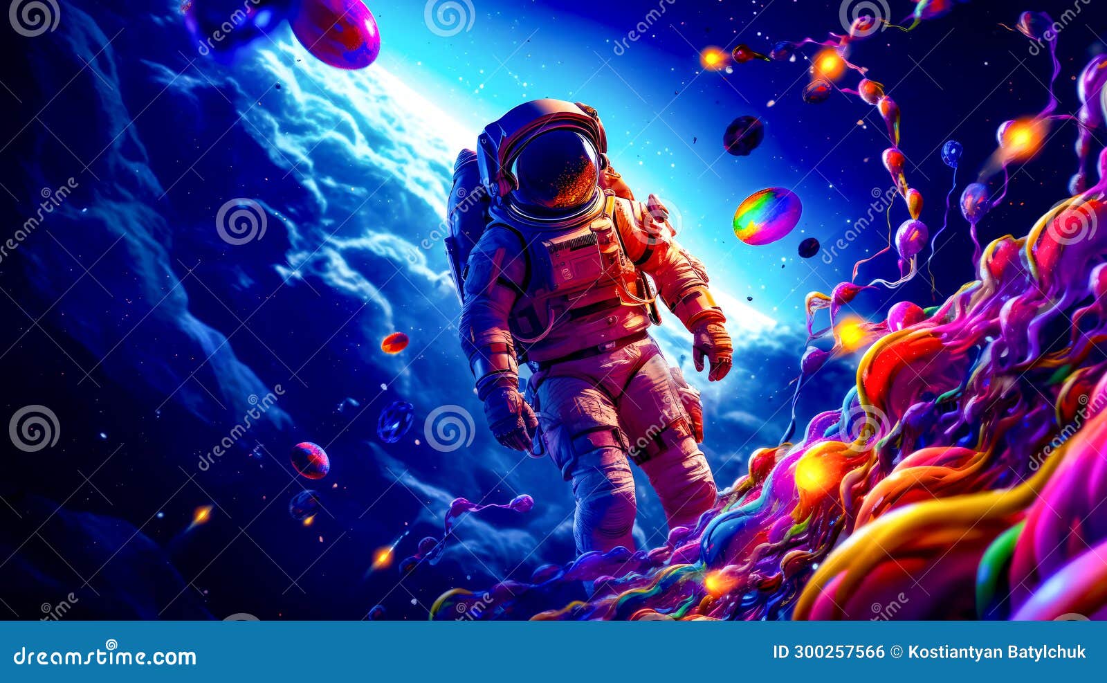Man in Space Suit Standing on Hill with Planets in the Background ...