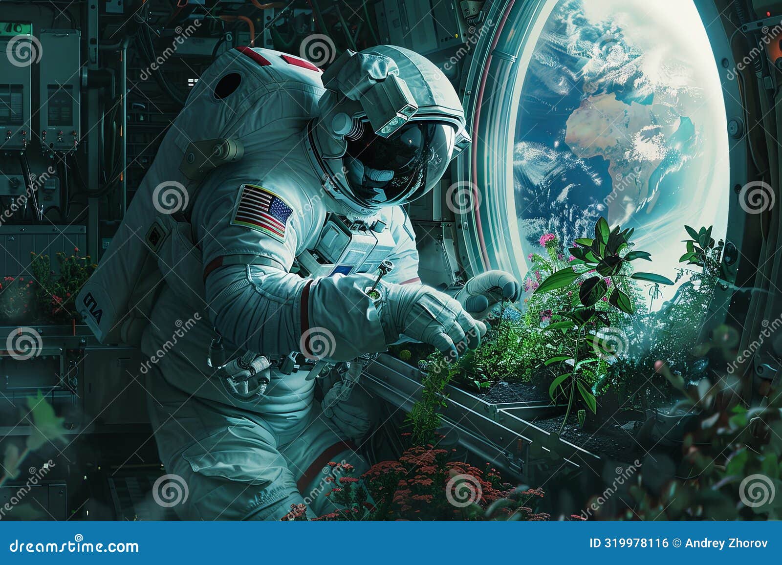 A Man in a Space Suit Standing Next To a Window Stock Illustration ...