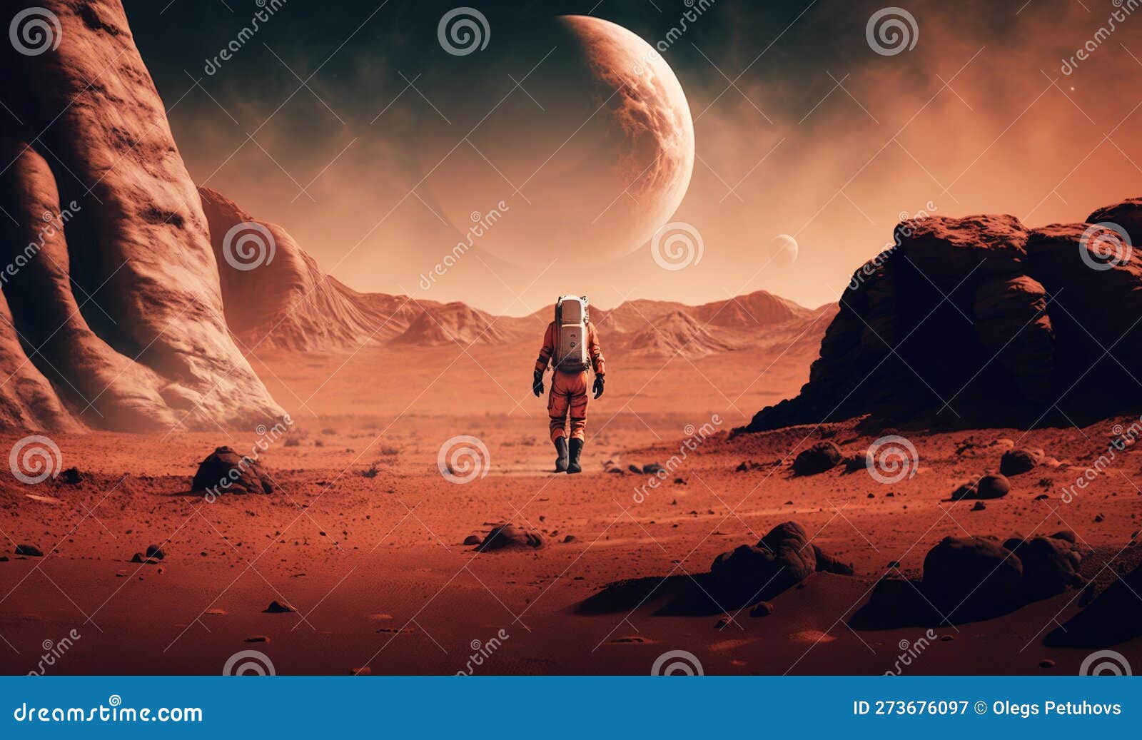 A Man in a Space Suit Standing on a Red Planet Stock Illustration ...