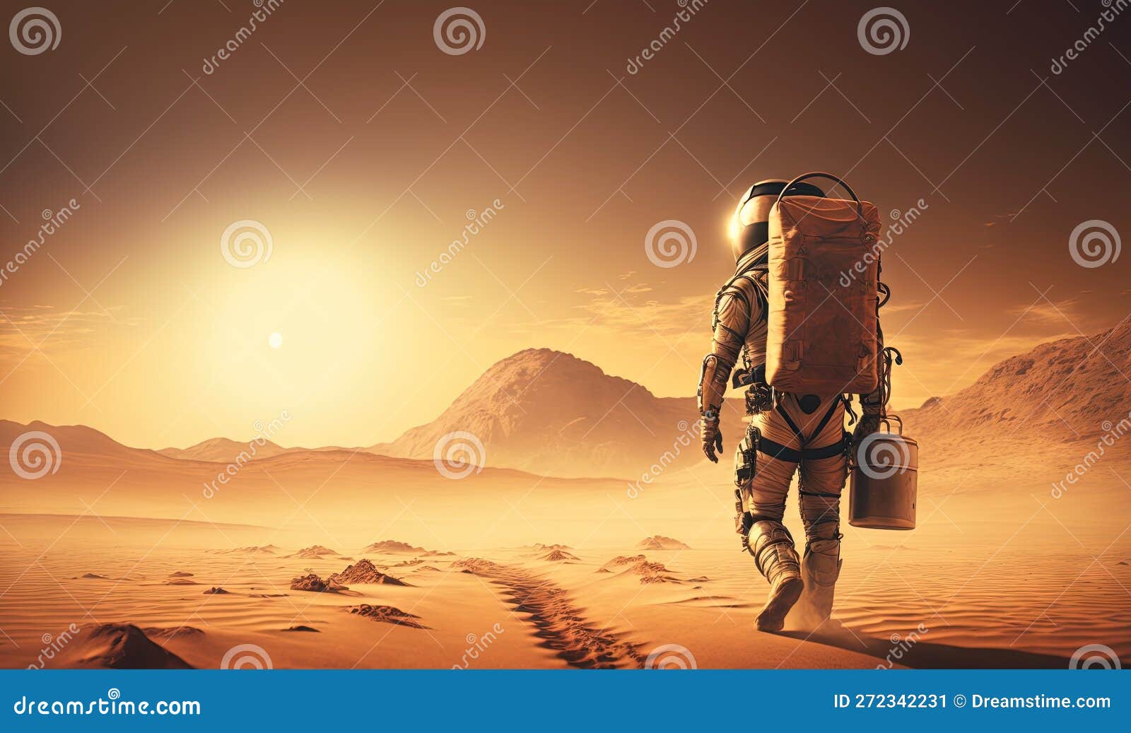 A Man in a Space Suit Walking Across a Desert Field Stock Image - Image ...