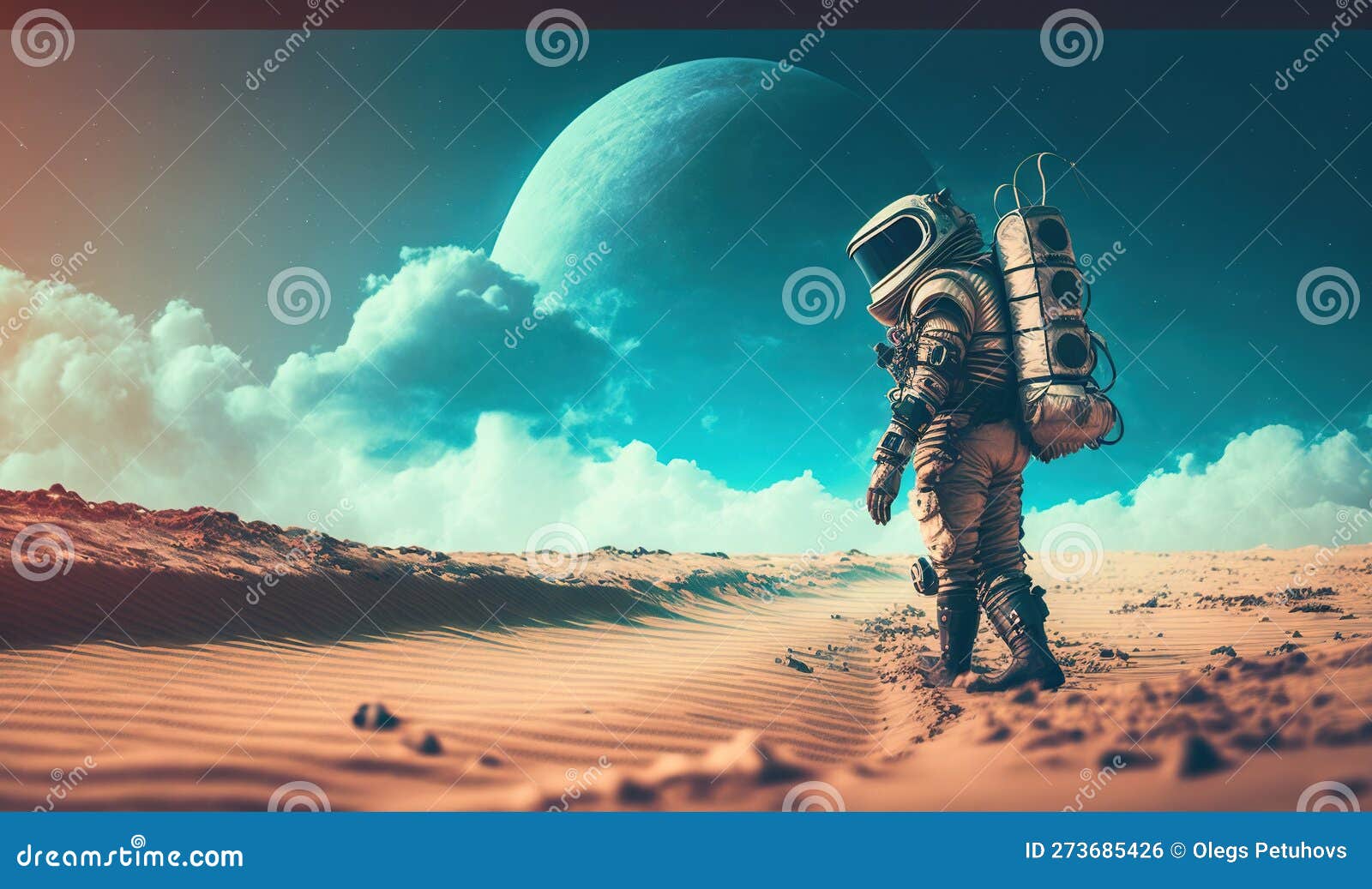 A Man in a Space Suit is Walking in the Desert Stock Illustration ...