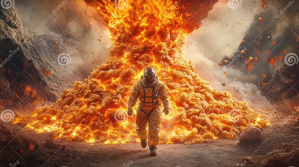 A Man in a Space Suit Walking in Front of a Huge Explosion Stock ...