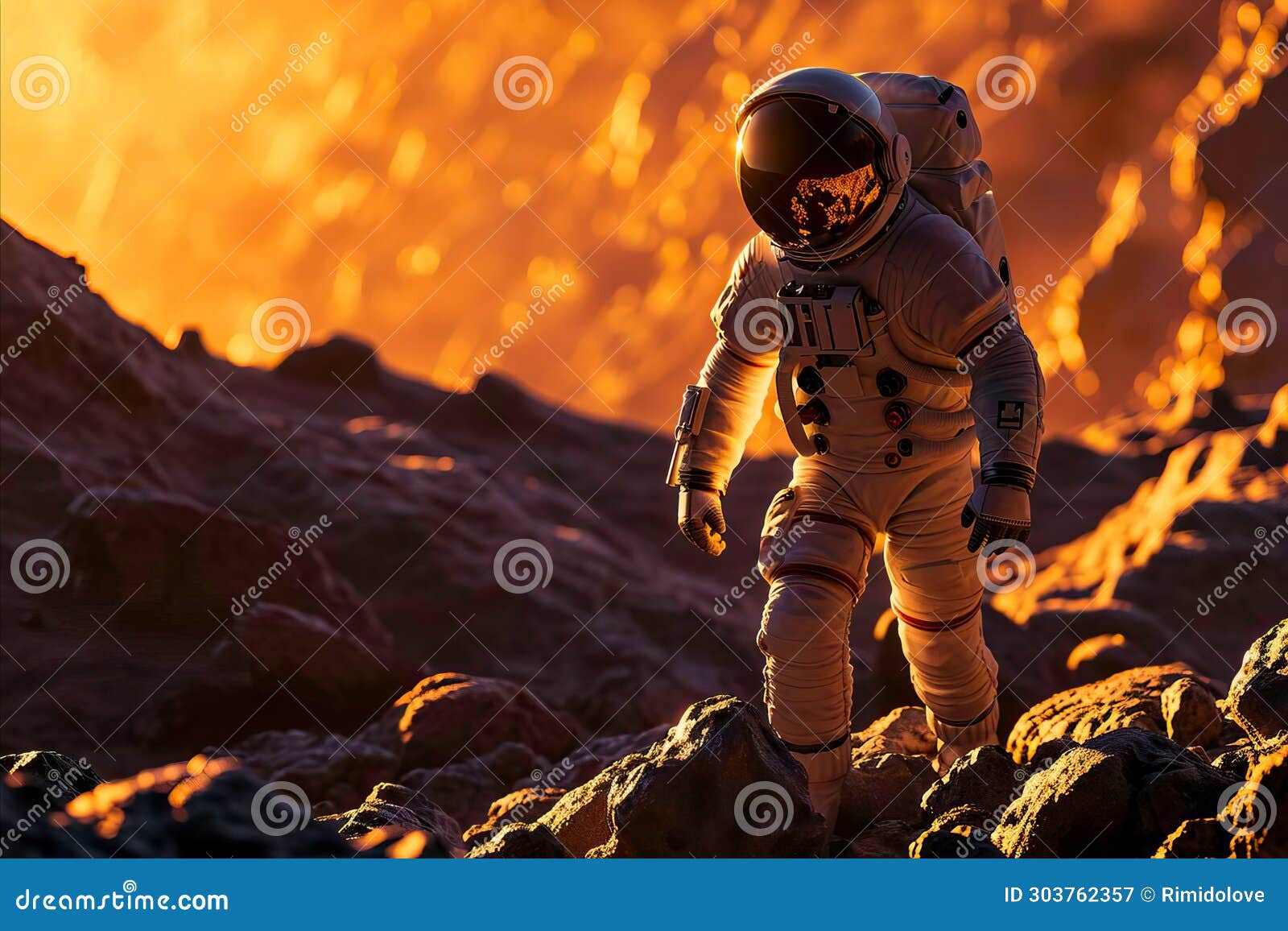 A Man in a Space Suit Walking on a Rocky Surface Stock Illustration ...