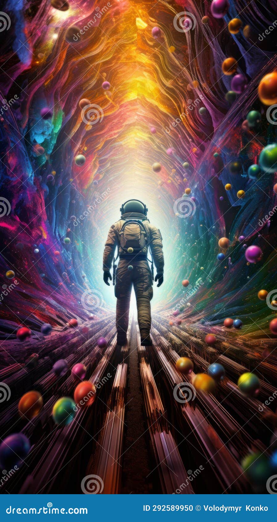 A Man in a Space Suit Walking through a Tunnel Stock Illustration ...
