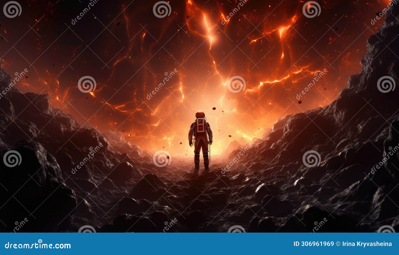 A Man in Space Walking through a Glowing Space Stock Image - Image of ...