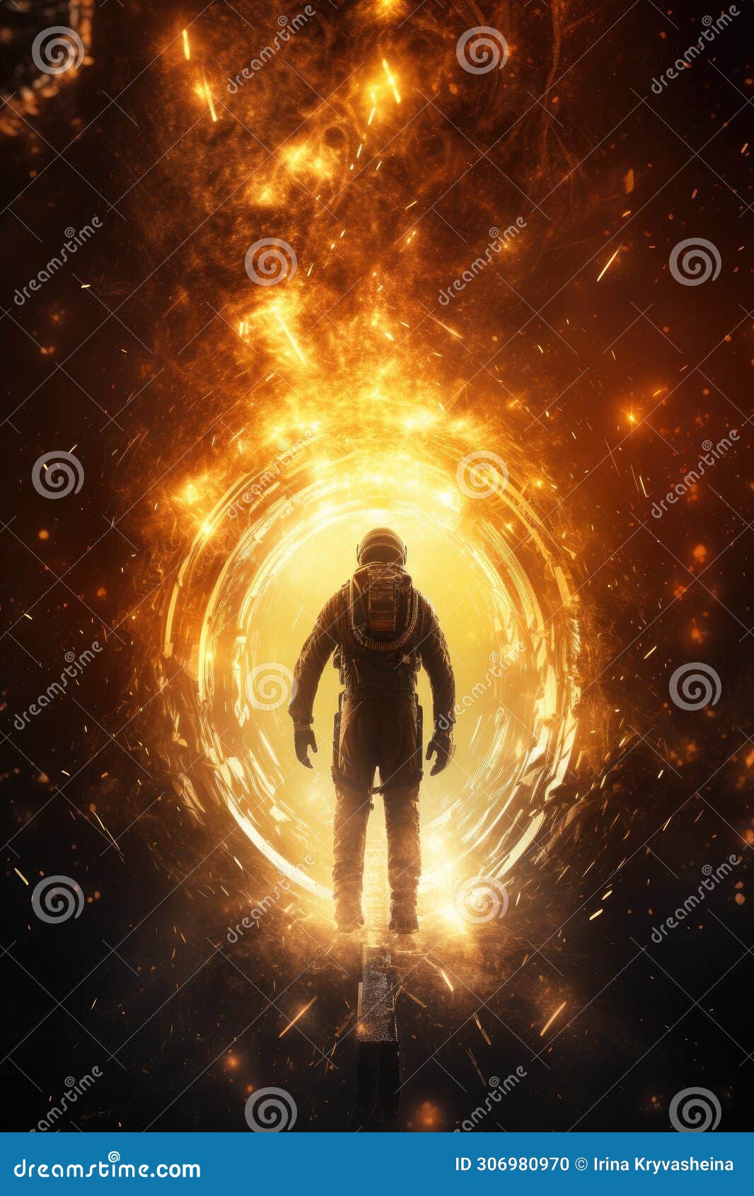 A Man in Space Walking through a Glowing Space Stock Photo - Image of ...