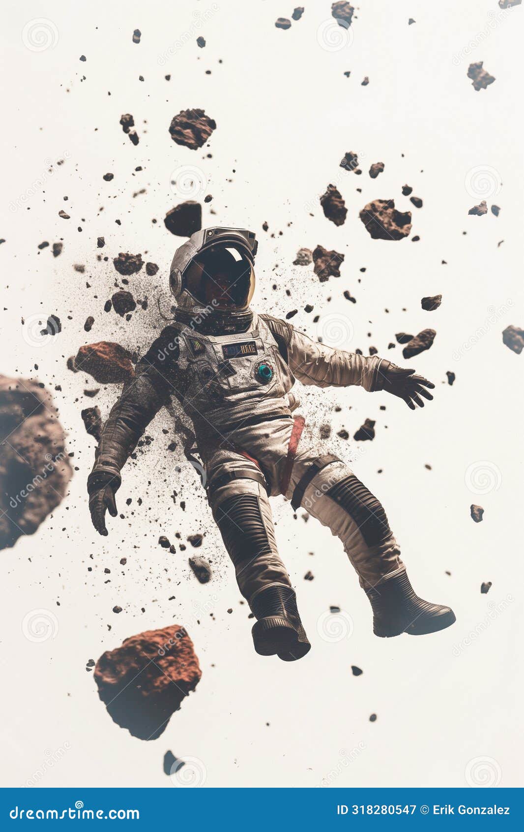 A Man in a Spacesuit is Falling through Space, Surrounded by Rocks ...