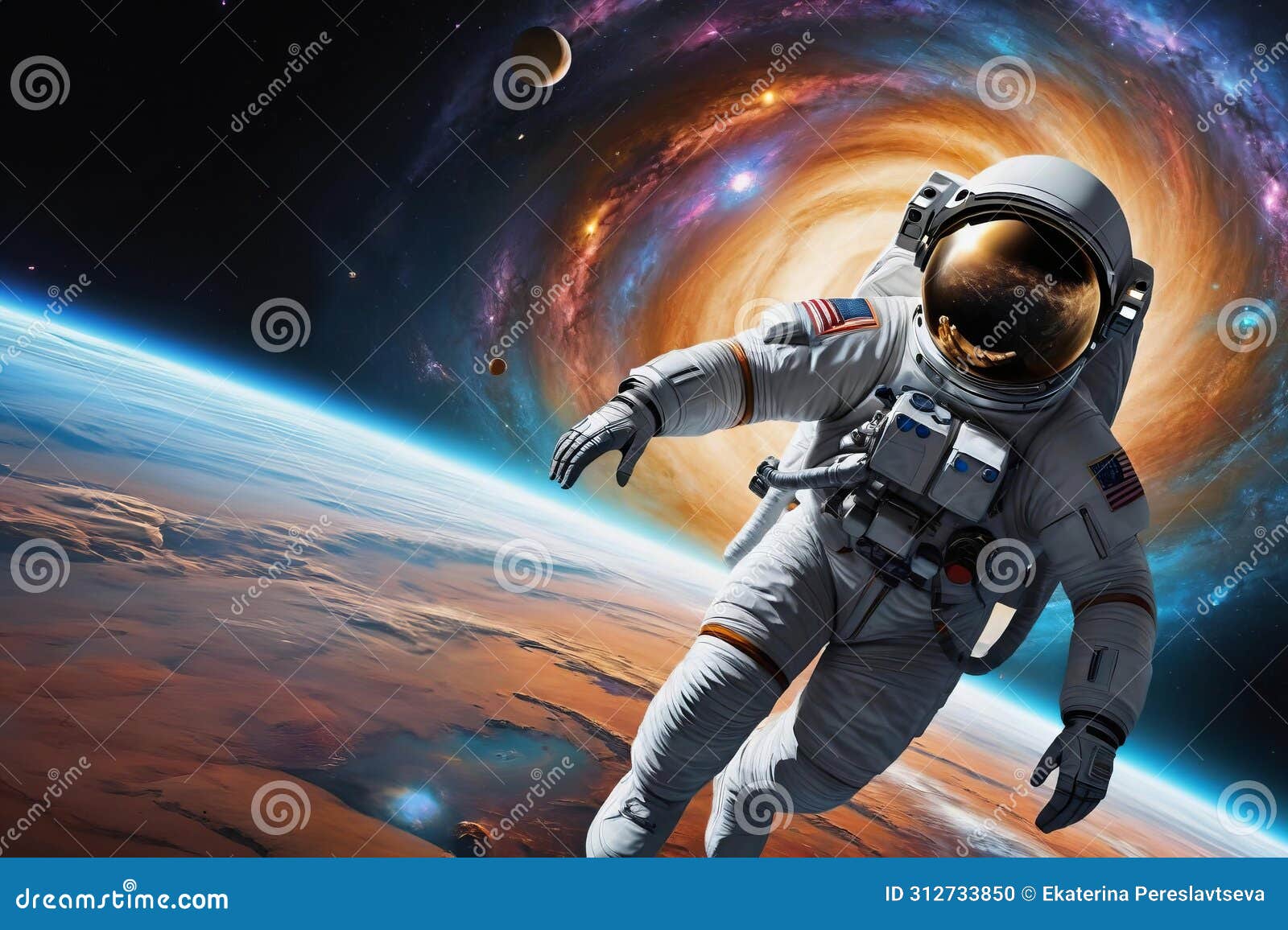 A Man in Spacesuit is Flying through Space Stock Photo - Image of ...