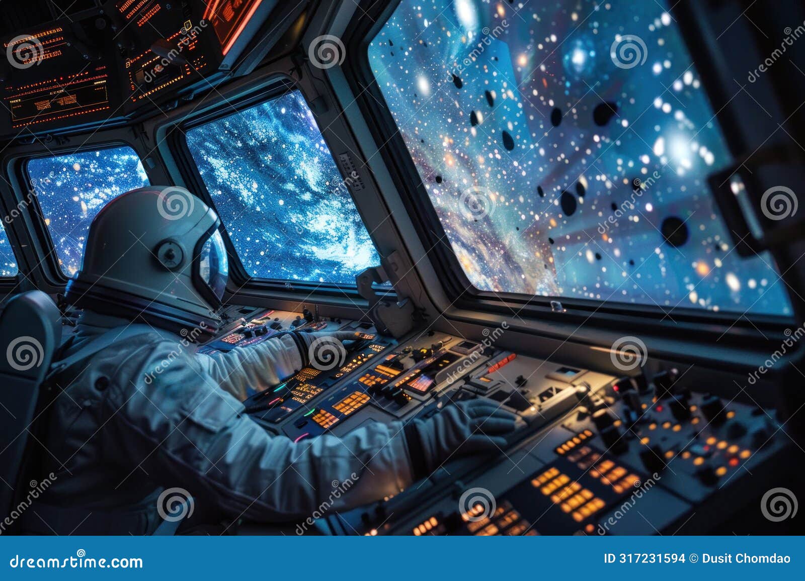 A Man in a Spacesuit is Piloting a Spaceship through Space Stock Photo ...