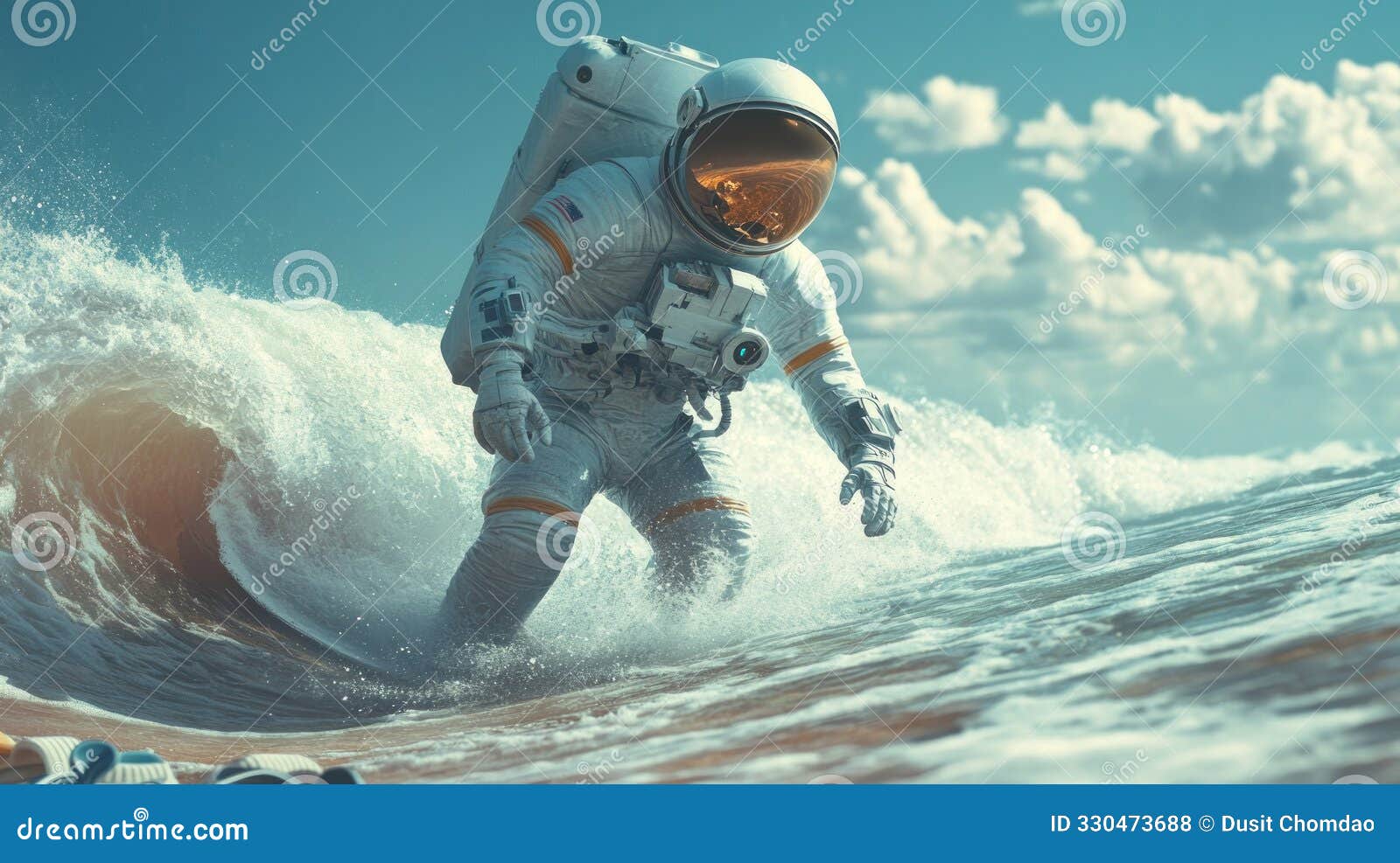 A Man in a Spacesuit is Walking on a Beach in Front of a Huge Wave ...