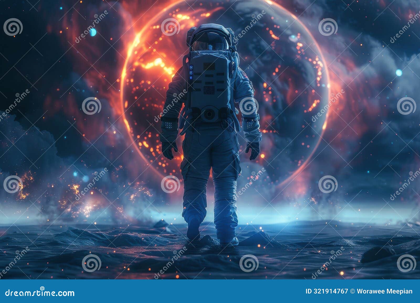 A Man in a Spacesuit is Walking on a Planet with a Large Orange Sun in ...