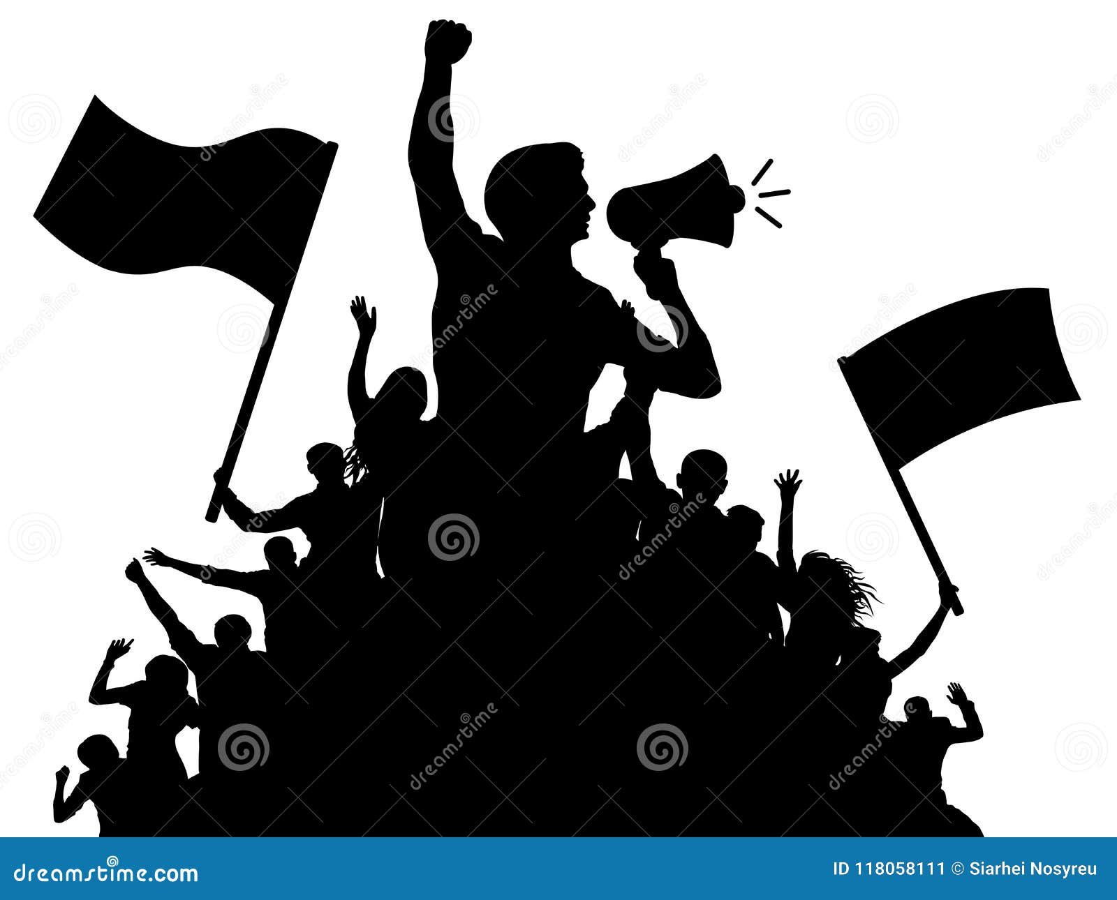 Man is a Speaker with a Loudspeaker. Crowd of People with Flags ...