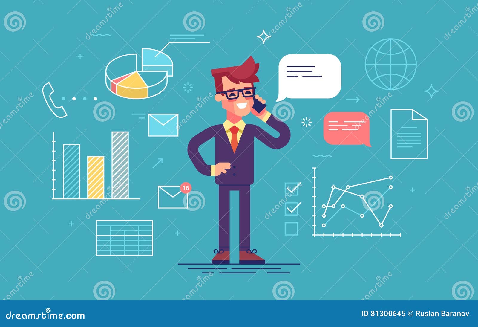 Man is Speaking on Phone with Office Process Icons Stock Vector ...