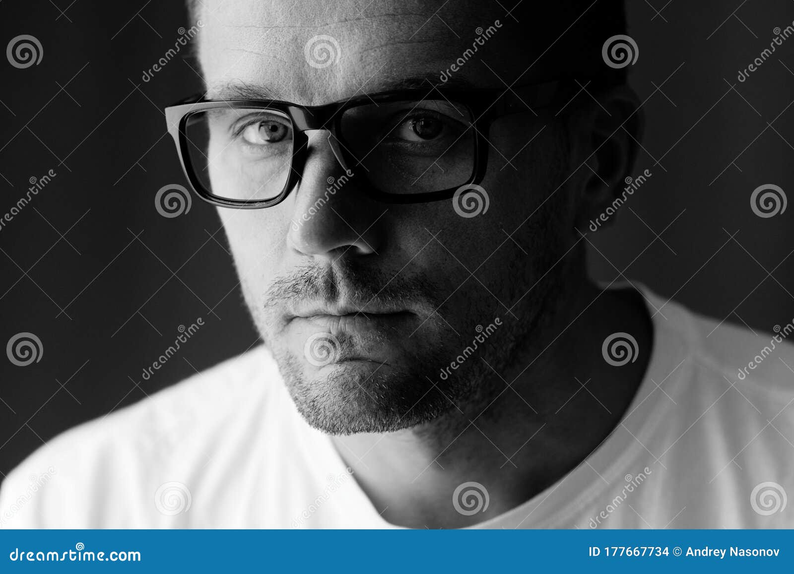 Man in Spectacles, Black and White Portrait Stock Photo - Image of lips ...