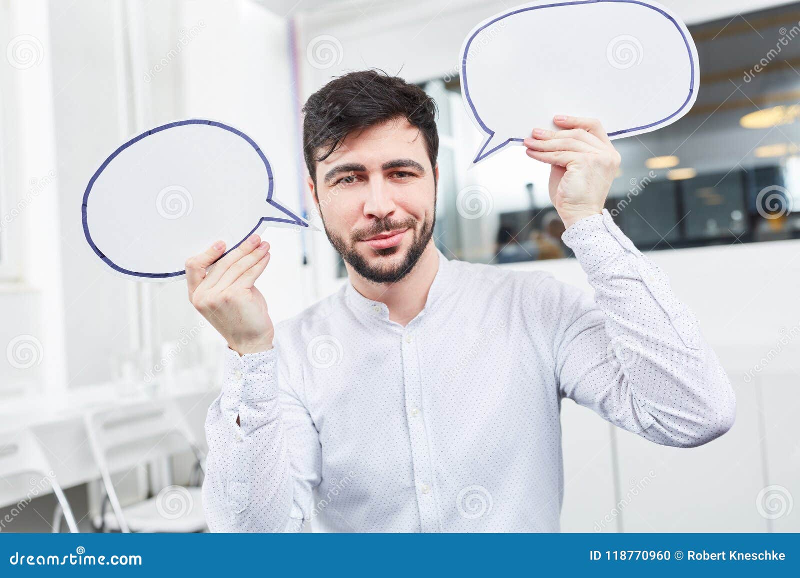 Man with speech bubbles stock photo. Image of management - 118770960