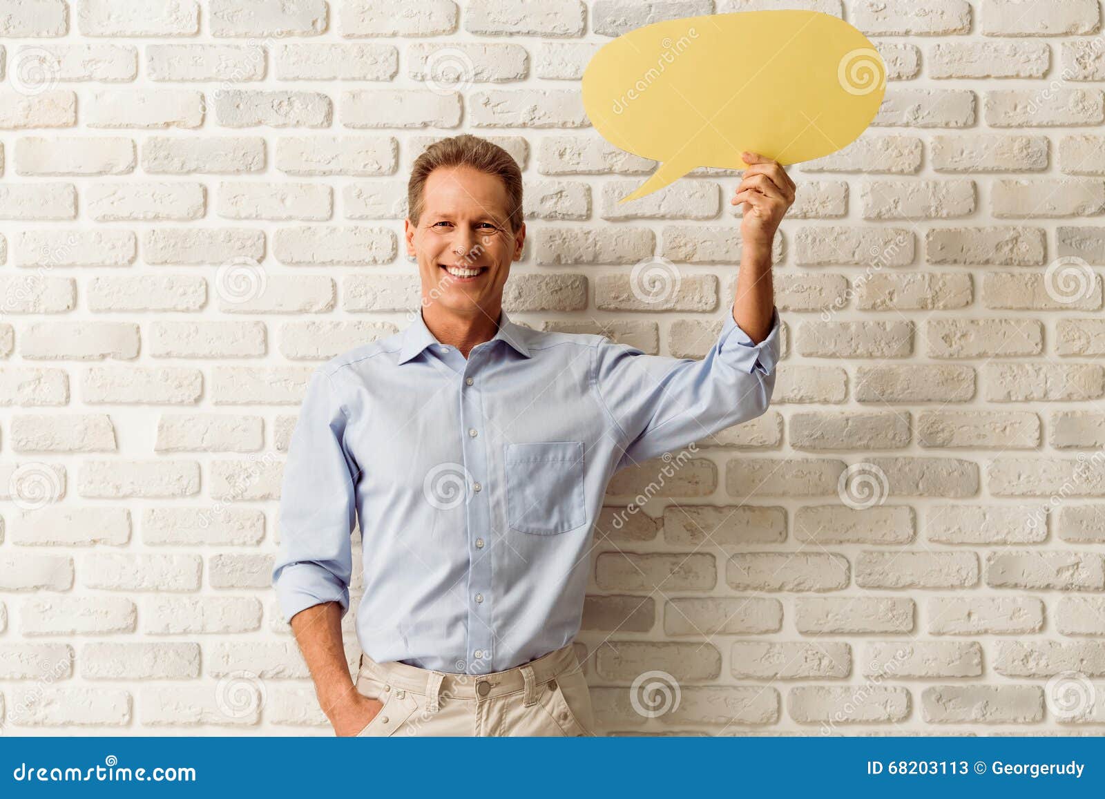 Man with speech bubbles stock image. Image of brick, announcement ...