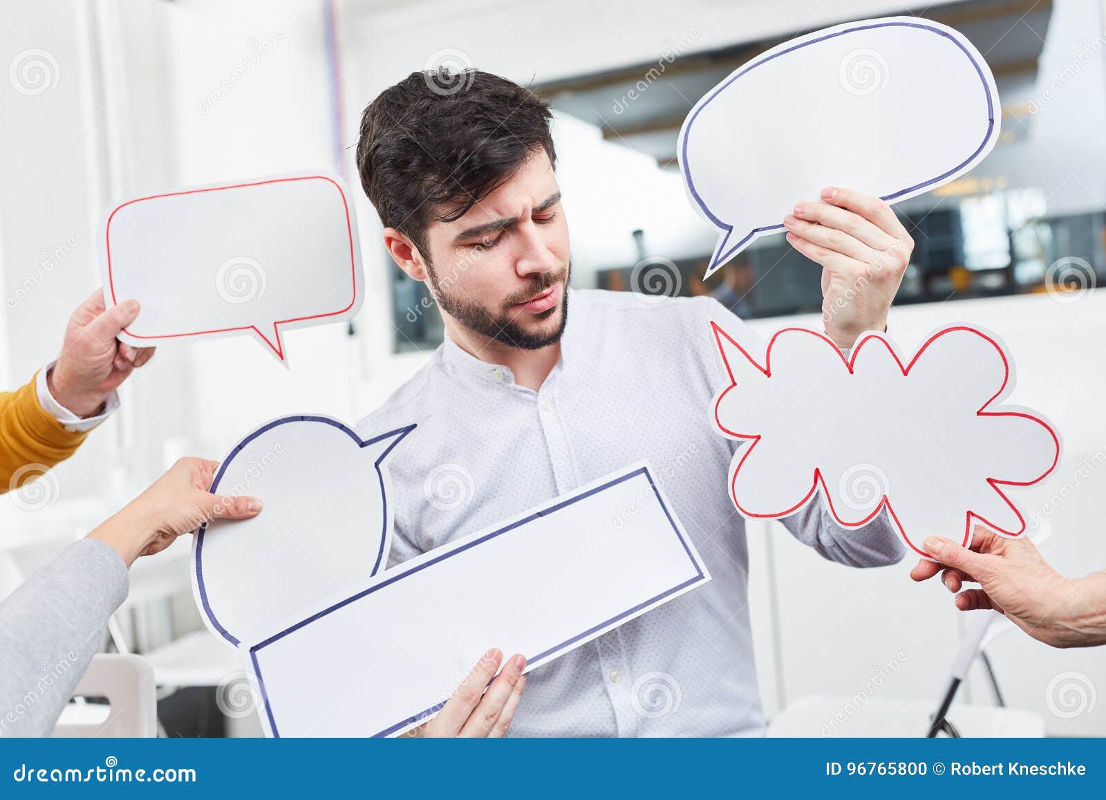 Man with Speech Bubbles for Ideas Stock Photo - Image of meeting ...