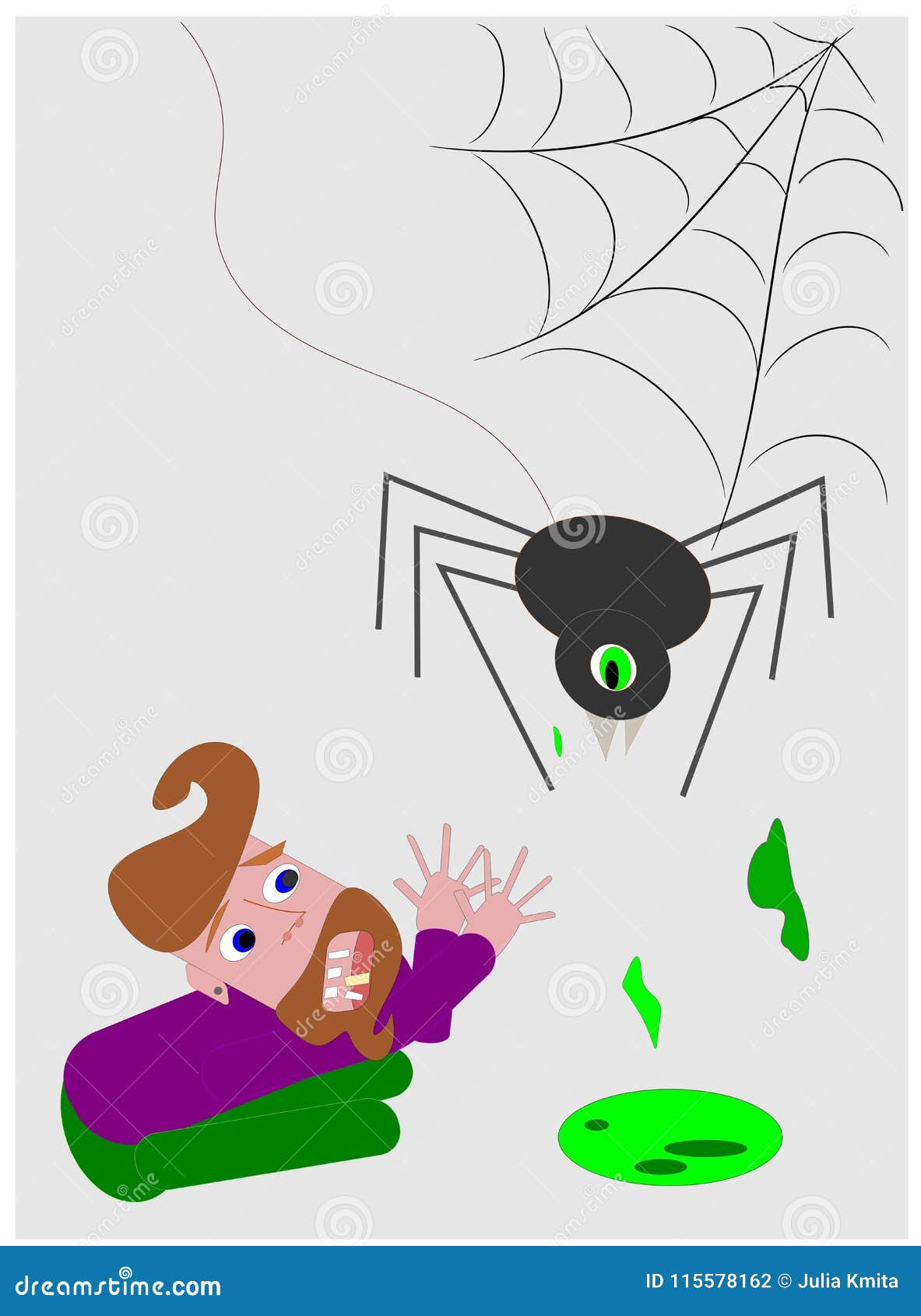 Man with spider in cobwebs stock illustration. Illustration of funny ...